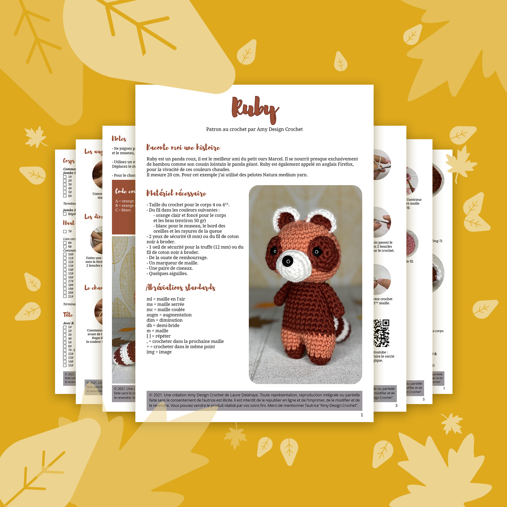 Patron au crochet du Panda Roux Ruby, niveau débutant - Amy Design Crochet