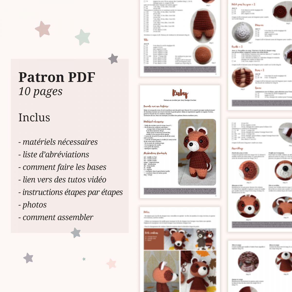 Patron au crochet du Panda Roux Ruby, niveau débutant - Amy Design Crochet